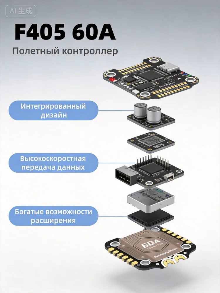 Полётный контроллер с встроенным ESC 60A, поддержка DShot, OSD, батареи 3-6S