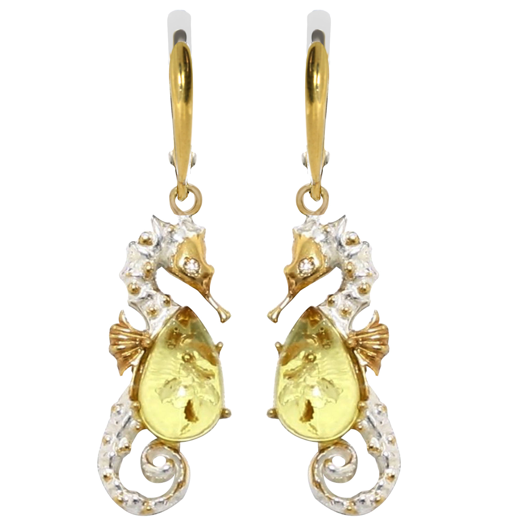 Серьги Diamant online, серебро, 925 проба, золочение, янтарь, фианит