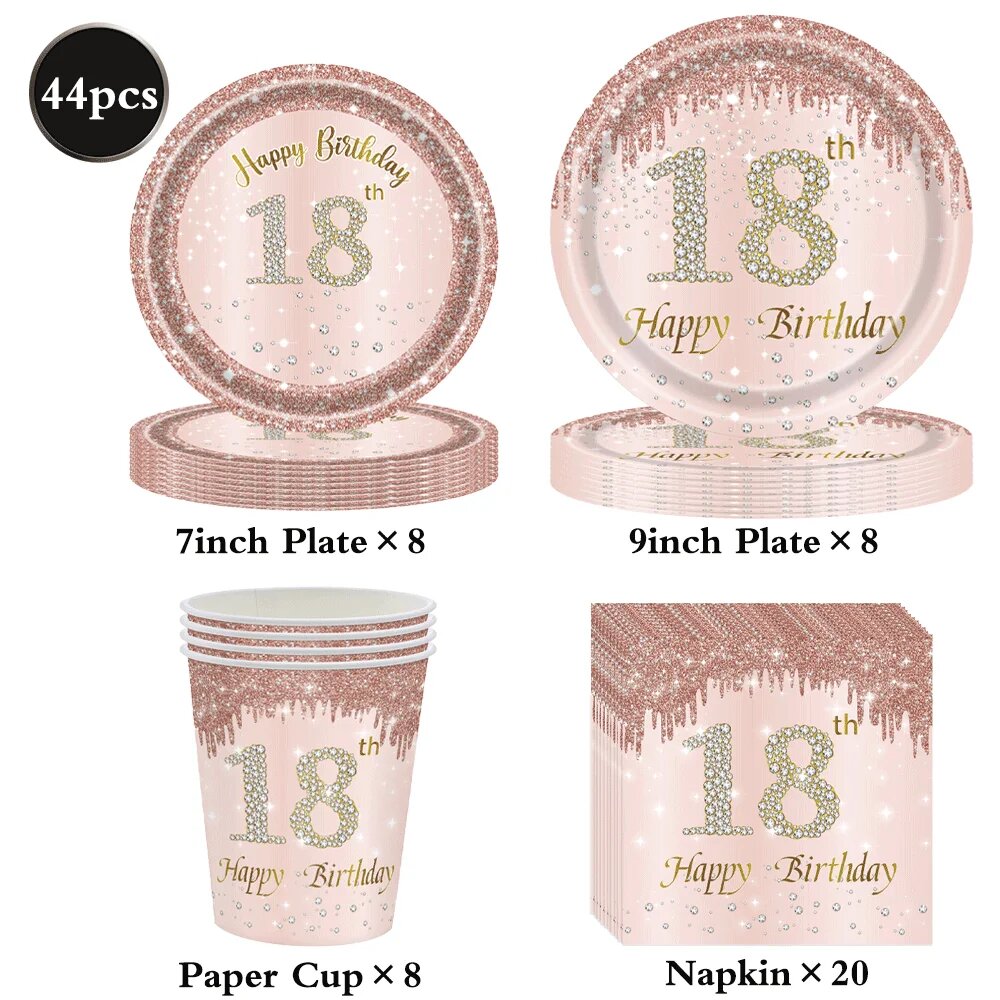 Набор декораций для вечеринки 18 лет EsenTroye розовое золото 44pcs Tableware set
