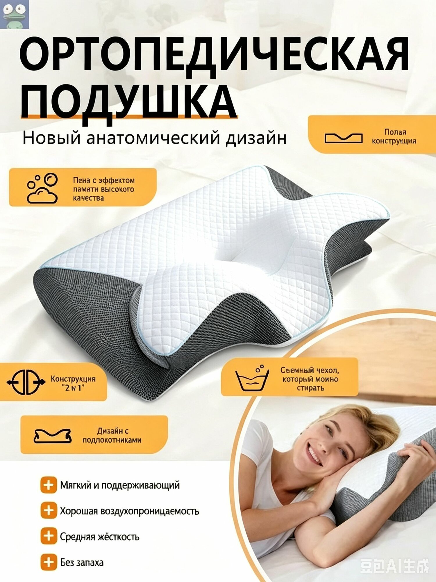 Ортопедическая подушка 36x72 см, высокоэластичная пена ormaform, пена дробленная с эффектом памяти, высота 14.2 см