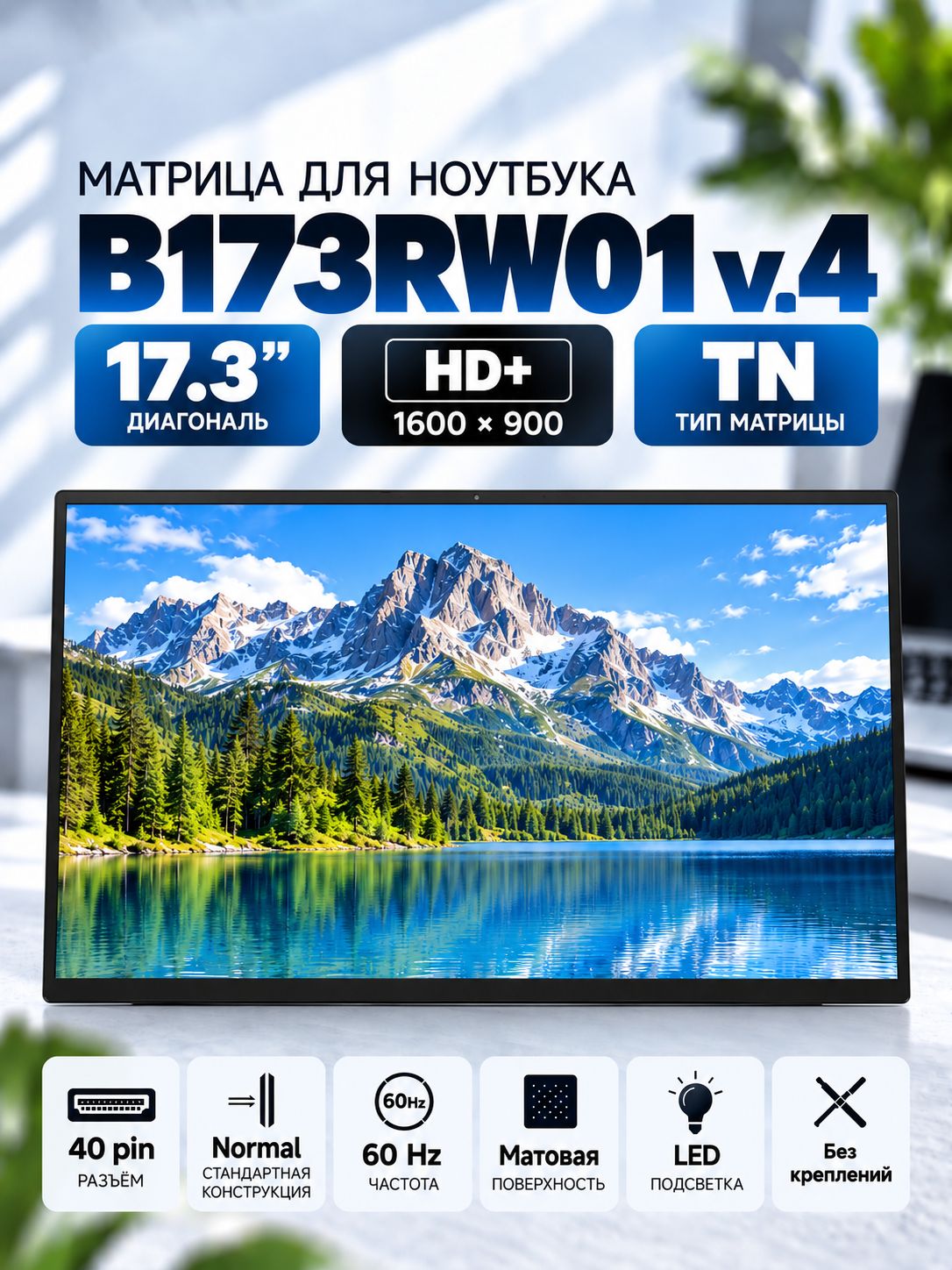 Матрица B173RW01 v.4, N173FGE-L23, LTN173KT01, 1600x900 (HD+) 17,3" TN матовая,