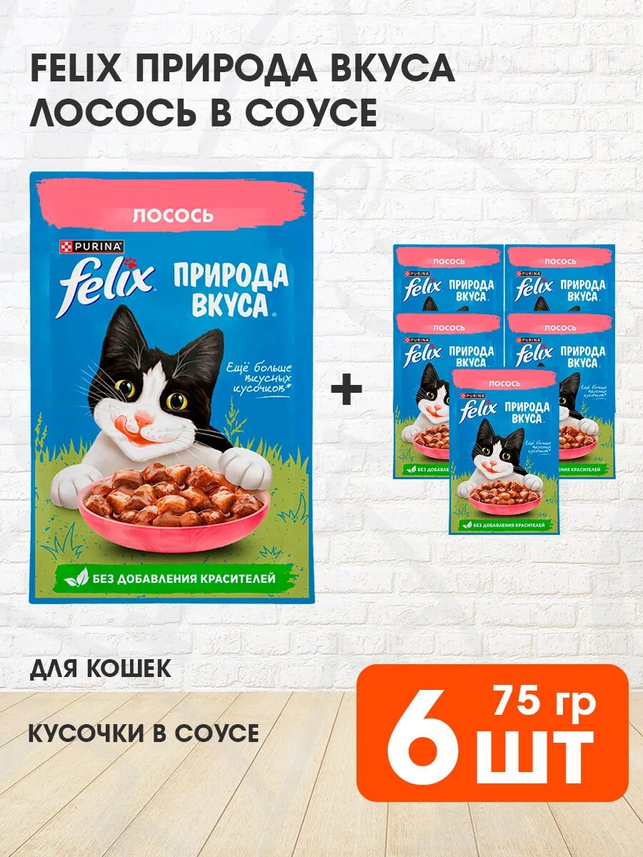 Корм влажный Felix Природа Вкуса для взрослых кошек, лосось в соусе, 75 г 6 шт