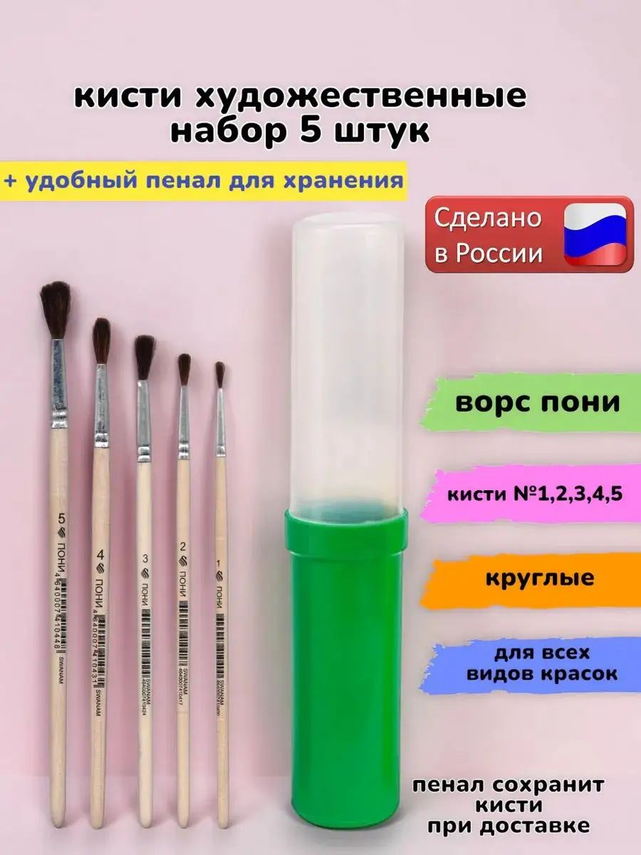 Кисть для рисования Круглая №1, 5 шт.