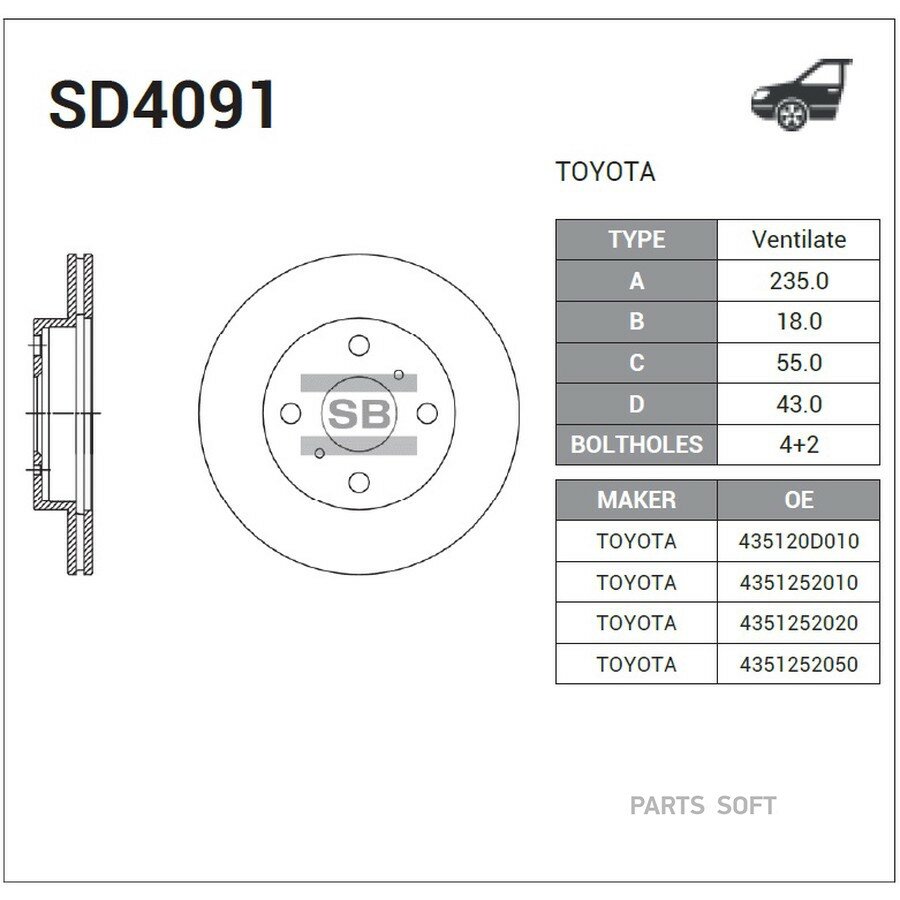 Диск тормозной Toyota Yaris 1.0-1.4 99- передний вентилируемый SANGSIN BRAKE SANGSIN BRAKE SD4091 | цена за 1 шт