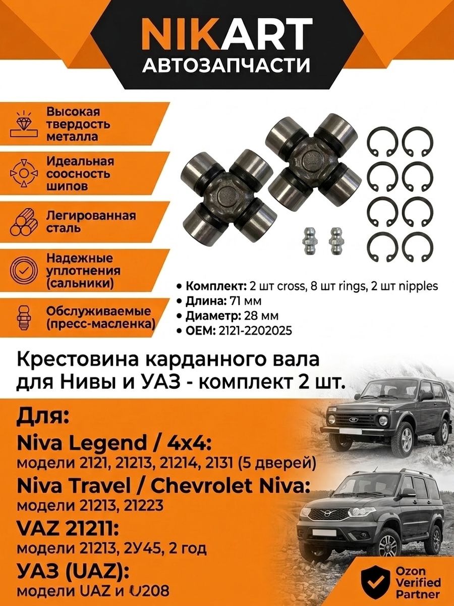 Комплект крестовин карданного вала Нива, Уаз из 2 шт. 71х28мм