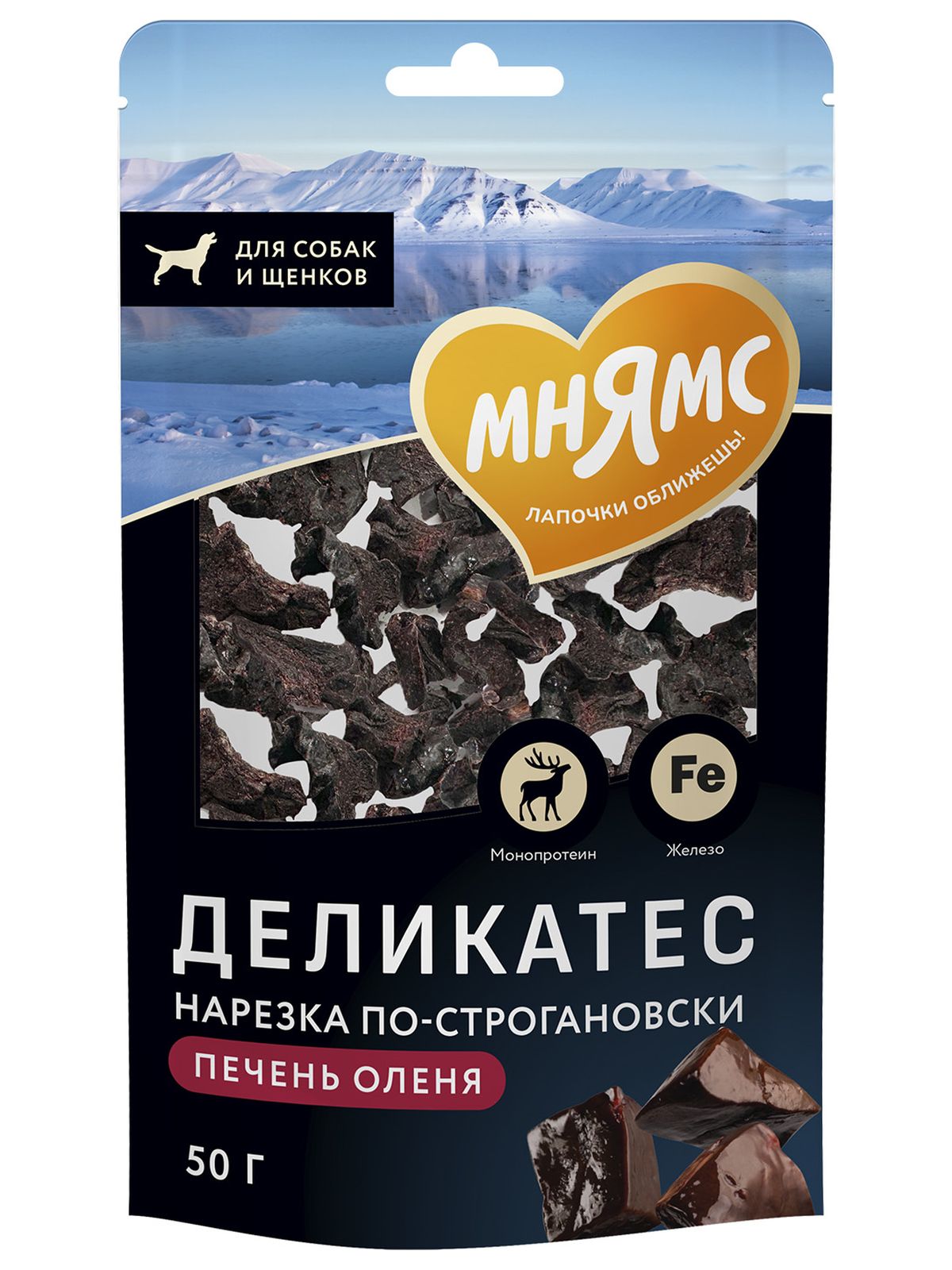 Лакомство Мнямс Деликатес Нарезка по-строгановски из печени северного оленя для собак 50 г