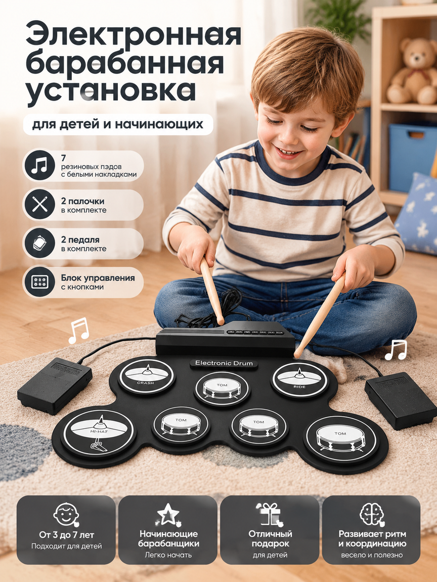 Детская электронная барабанная установка с палочками и педалями, 7 пэдов, черная для 18-Хансен