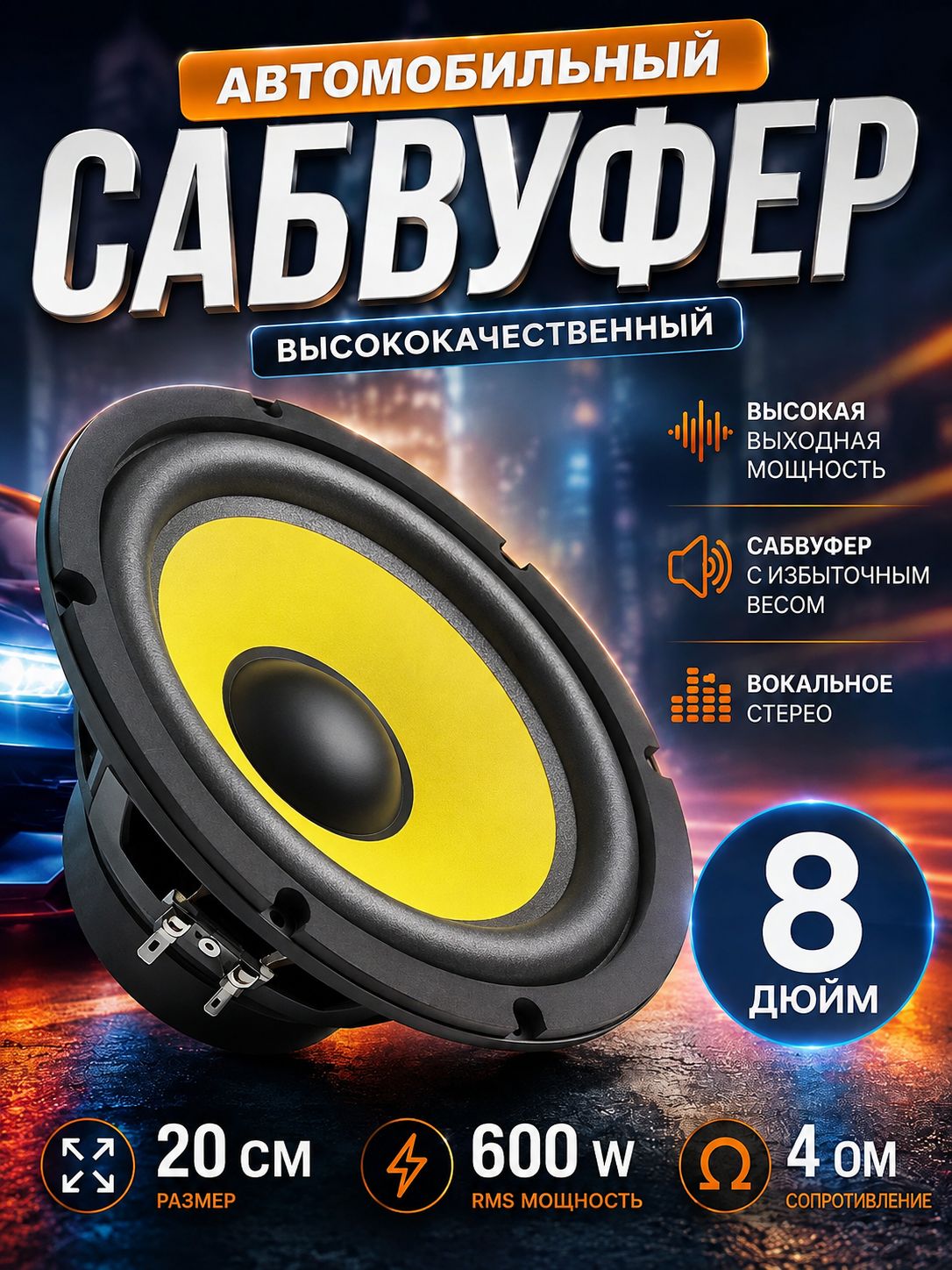Автомобильный сабвуфер, 20 см (8 дюймов)