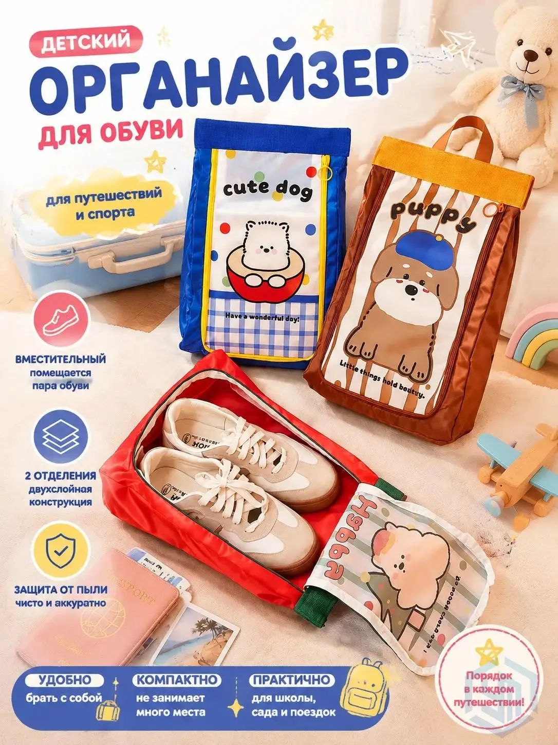 Детский органайзер для обуви с ручкой, сумка для сменной обуви, милый чехол для кроссовок