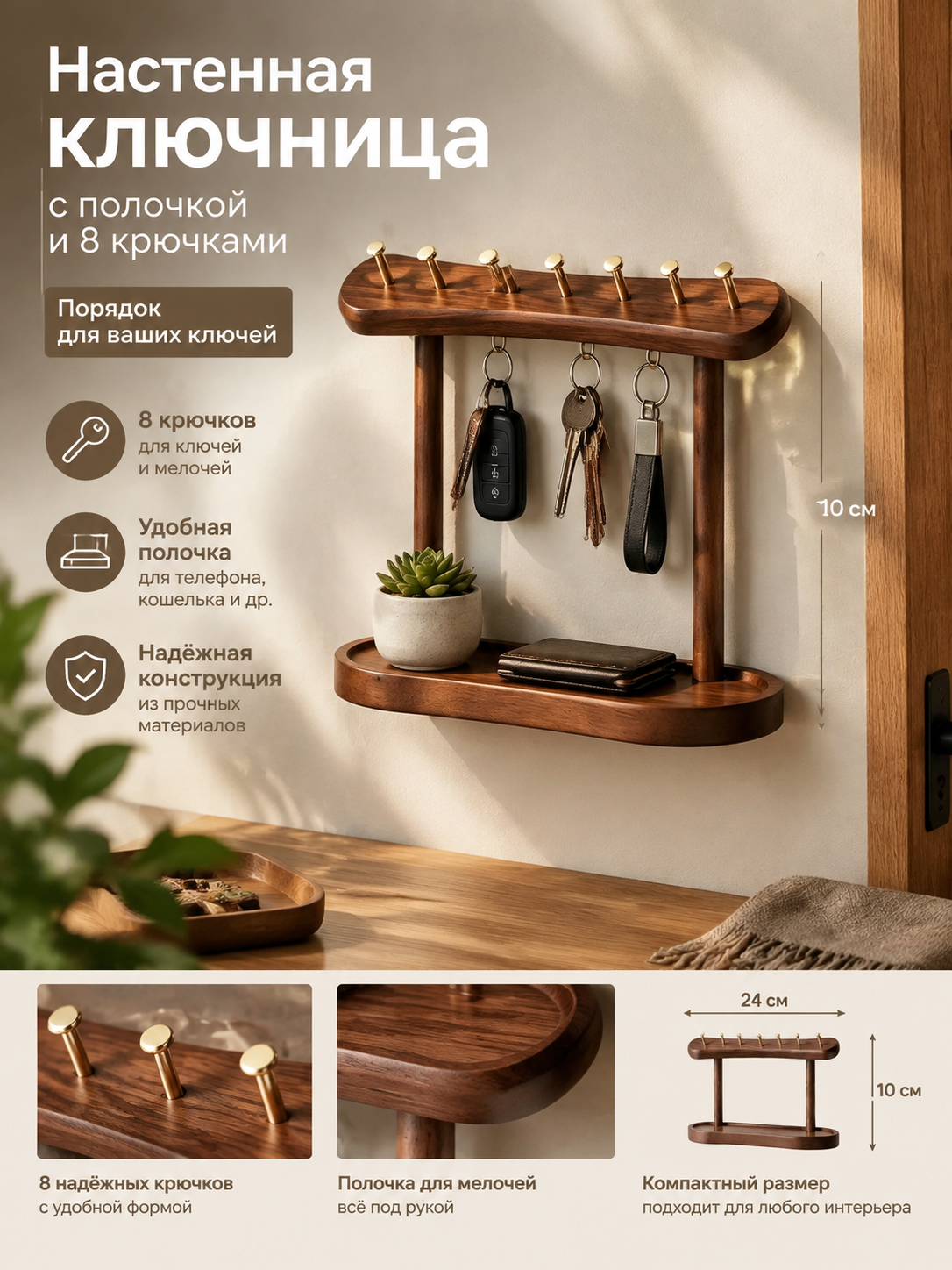 Настенная ключница с полочкой и 8 крючками, темно-коричневая
