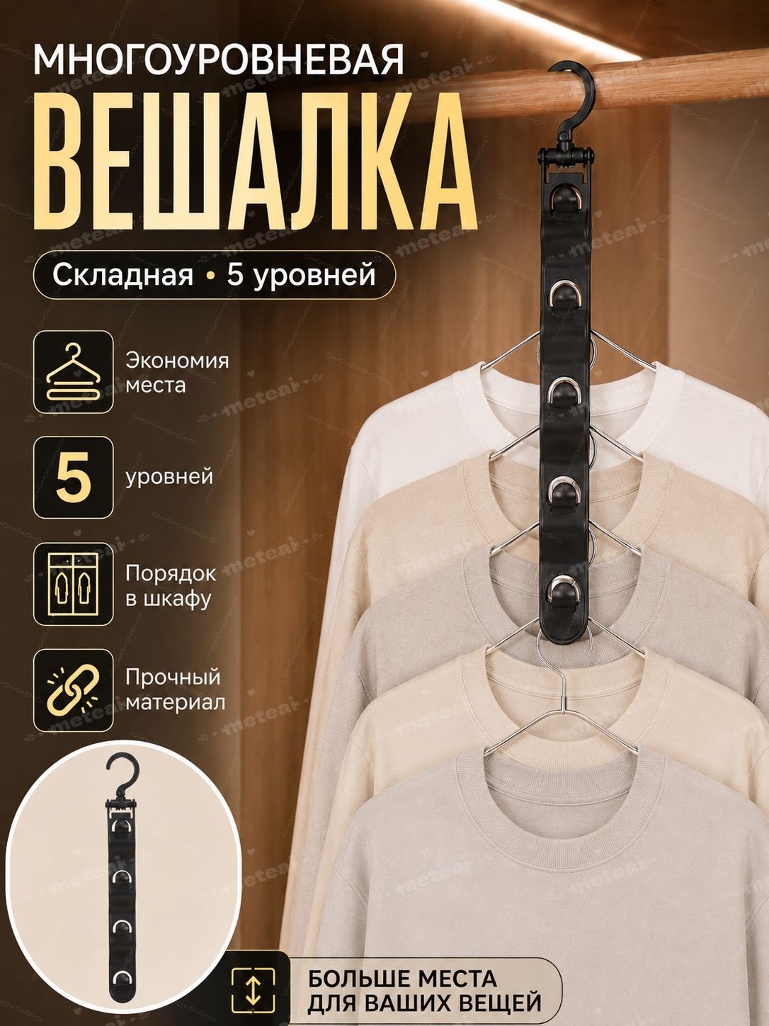 Meteai Вешалка плечики 36 см 1 шт пластик черный