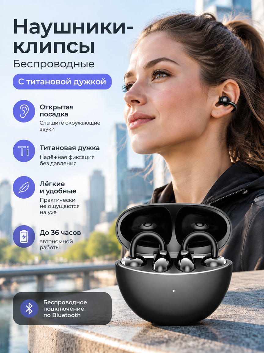 Наушники-клипсы беспроводные с титановой дужкой, открытая посадка, автономность 36 часов, черные
