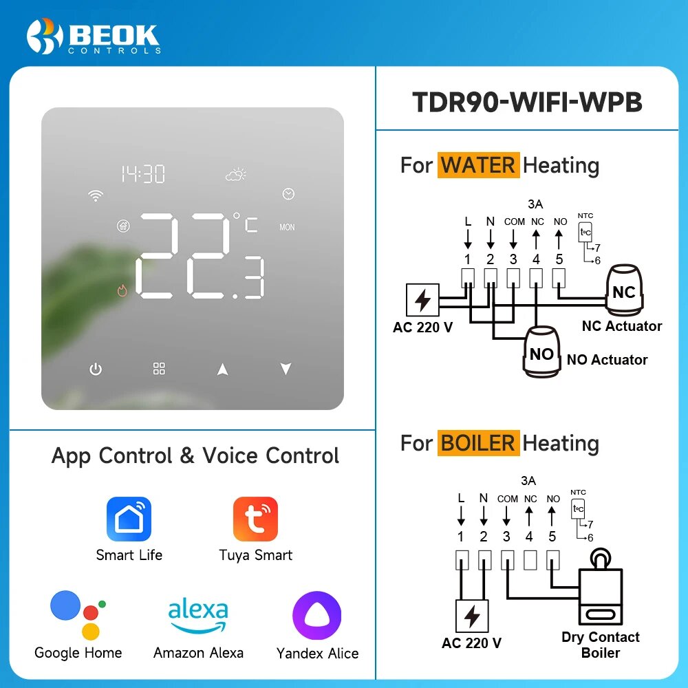 Beok Tuya Умный термостат для отопления TDR90-WIFI-WPB