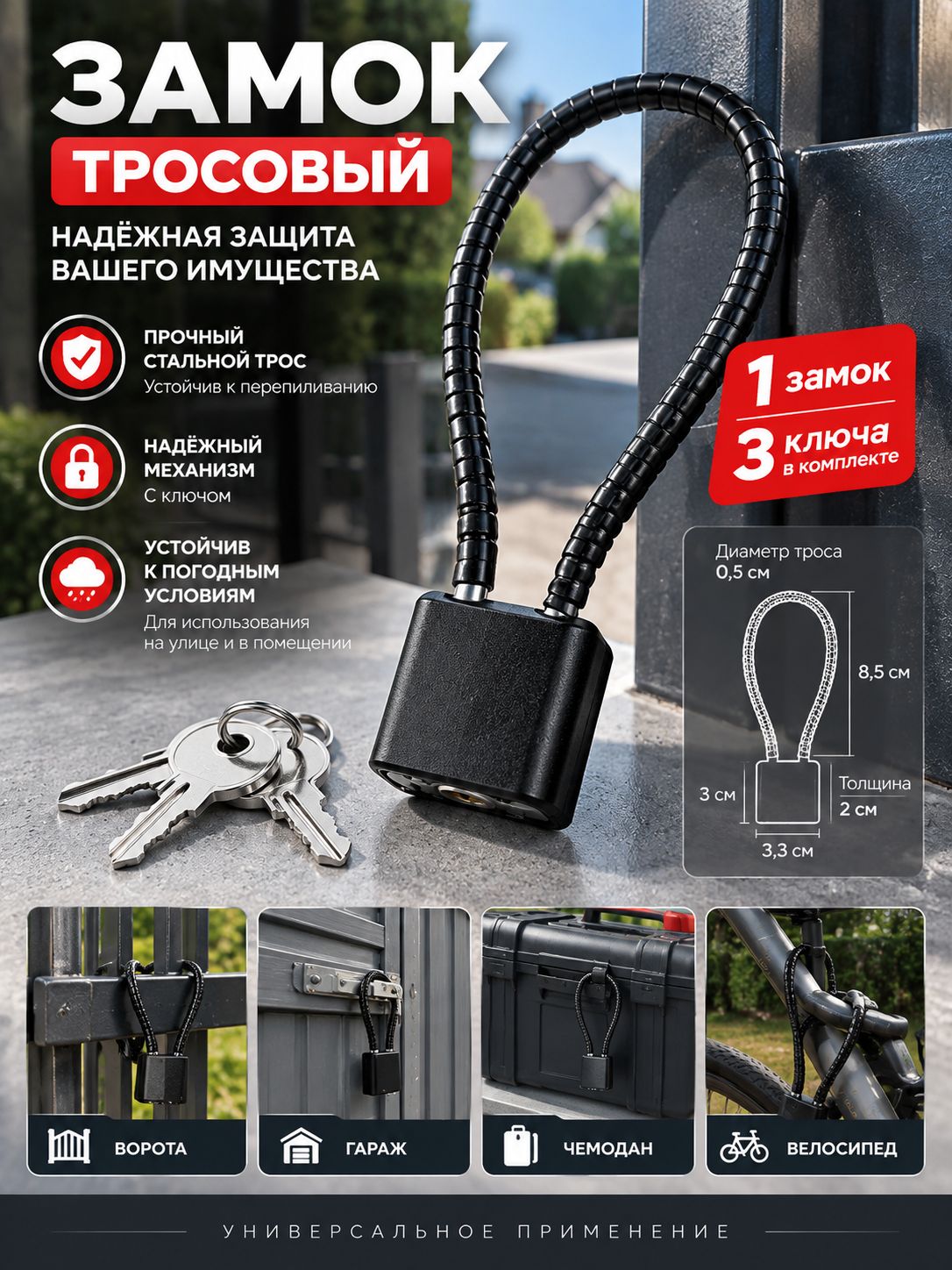 Замок тросовый навесной черный, гибкий стальной трос, 3 ключа в комплекте, противоугонный для велосипеда, чемодана, шкафа