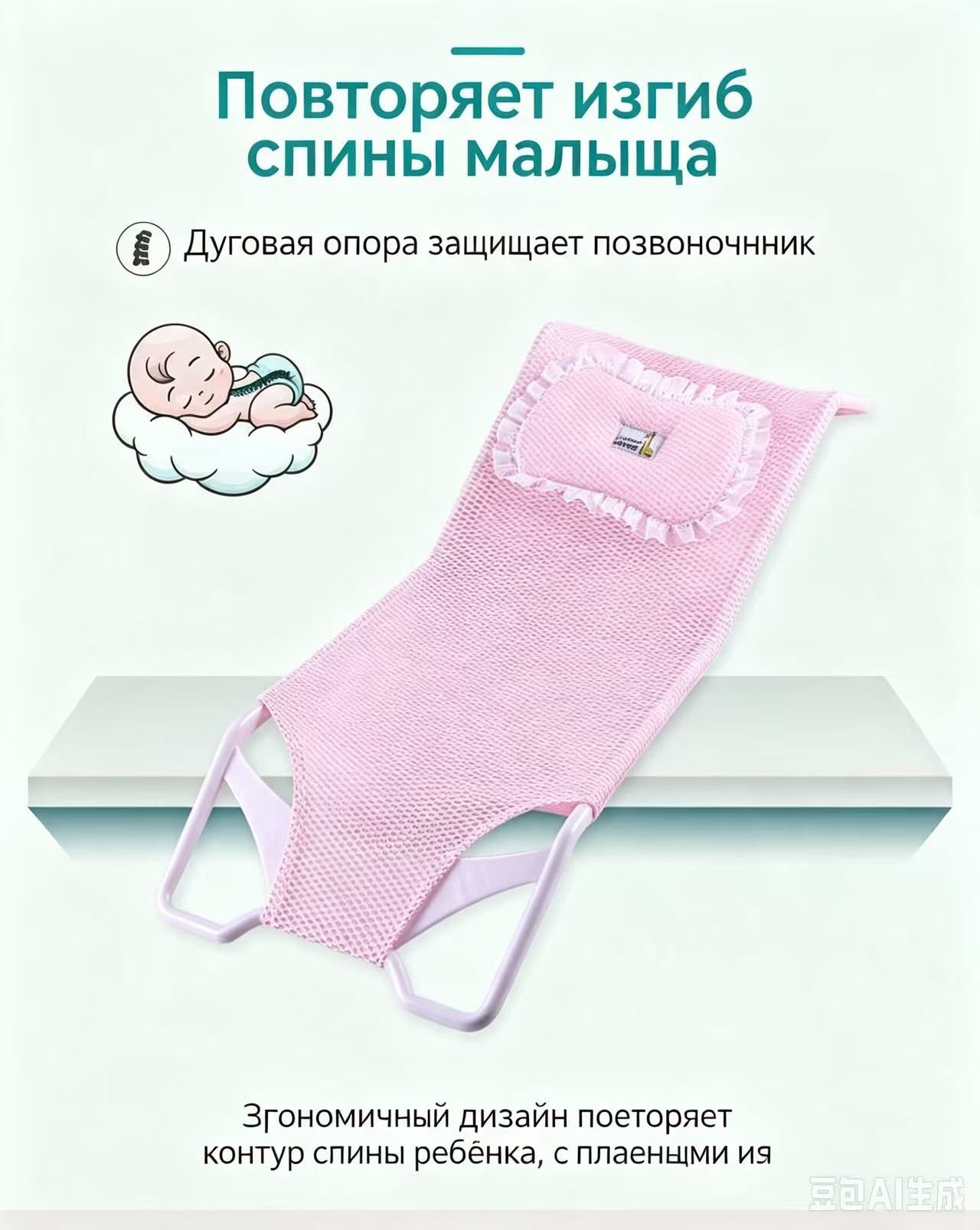 Горка для купания новорождённых розовая, Сетчатый гамак с подушкой, Пластиковая рама 40x15 сантиметров