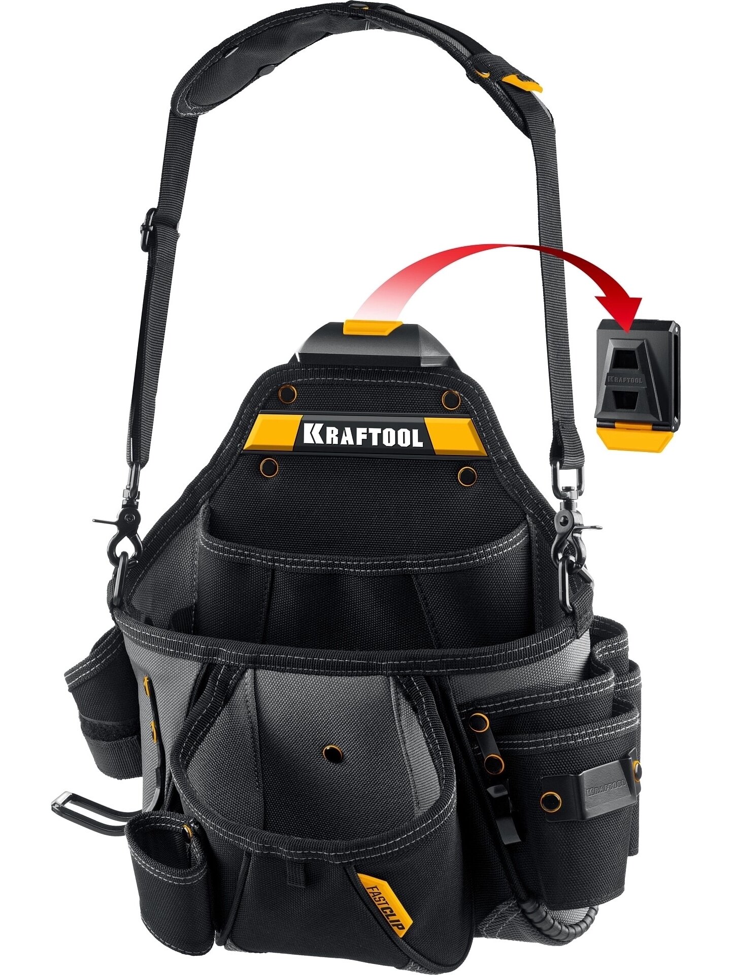 Поясная сумка KRAFTOOL KPB-20 с быстросъёмным креплением FastClip, плечевой ремень, 20 карманов и петель, 320 х 310 мм