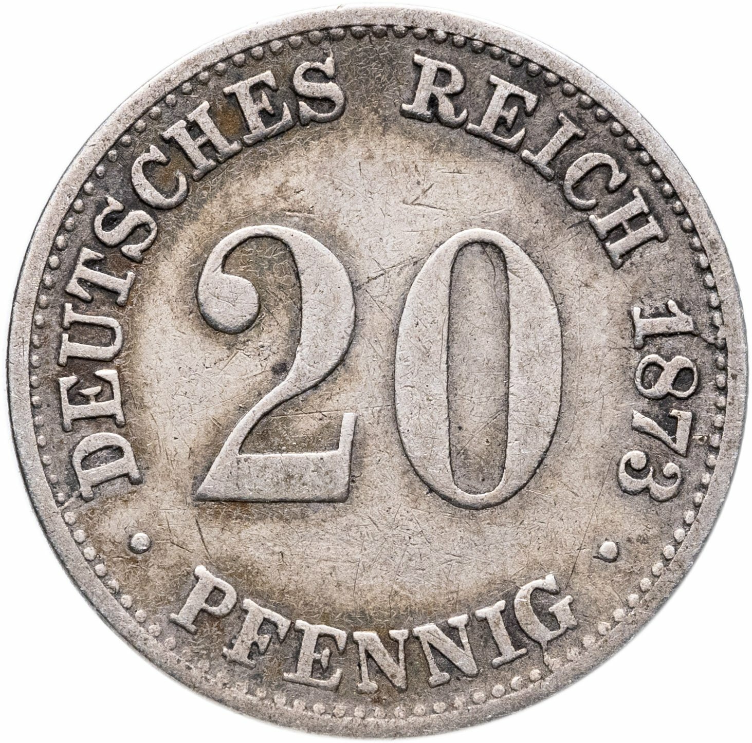 Германия 20 пфеннигов pfennig 1873, знак монетного двора: "G" - Карлсруэ, Серебро 900, в сохранности VF