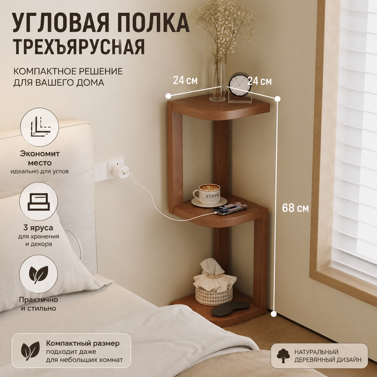 BCX Тумба, , 25х24х68 см Деревянная угловая тумба прикроватная компактного размера