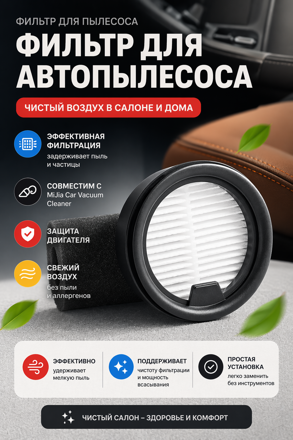 Вакуумный фильтр Xiaomi Mijia для автомобиля с круглым фильтром и пенной насадкой (один фильтр)