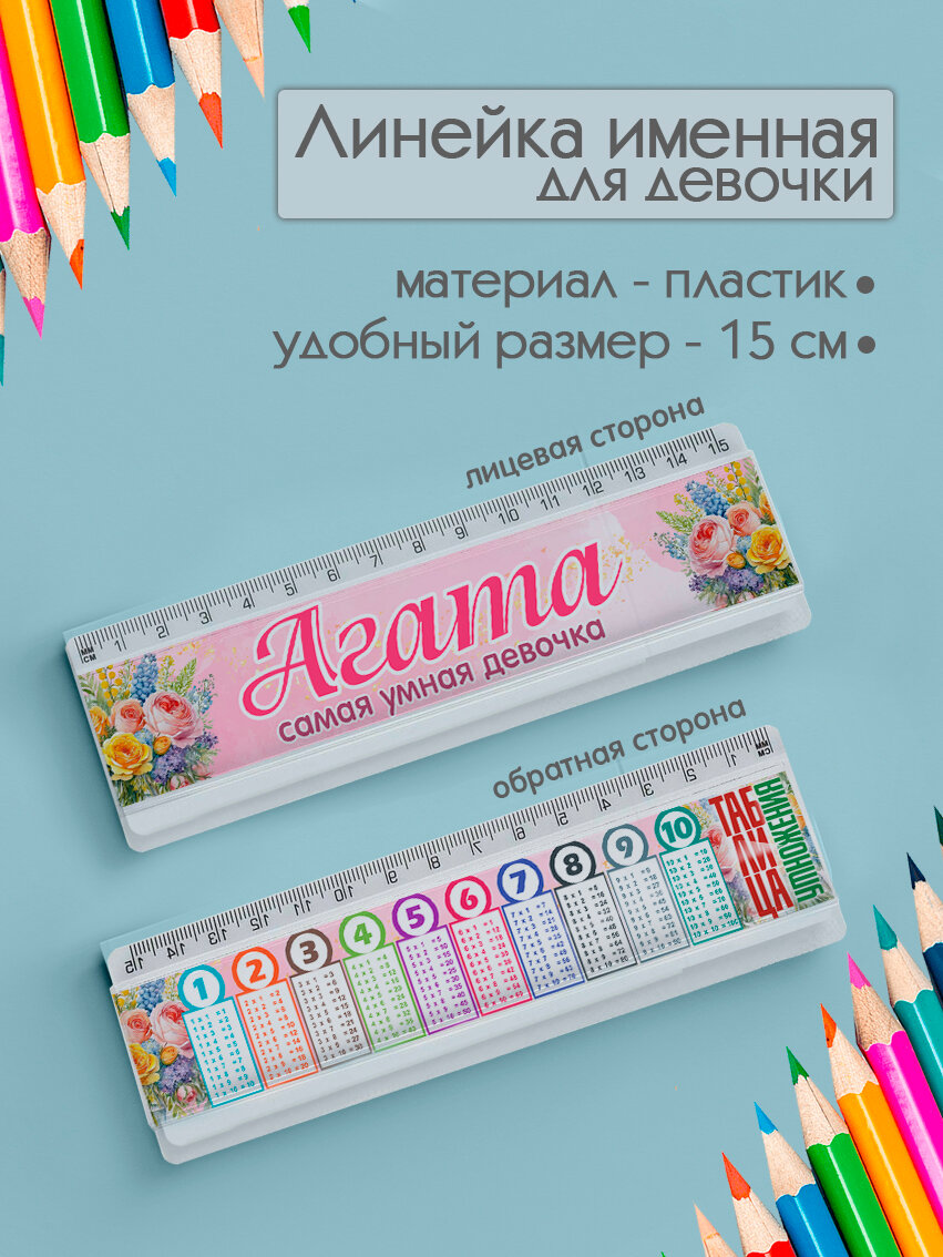 Линейка именная для девочки "Агата" пластиковая, удобный размер 15см