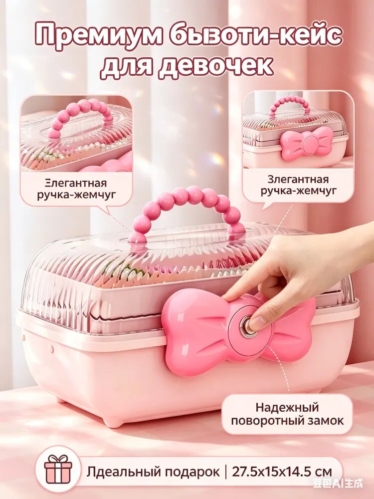 Шкатулка-комод для девочек, органайзер для косметики, розовый, пластик, 27.5x15x14.5 см, 1 шт