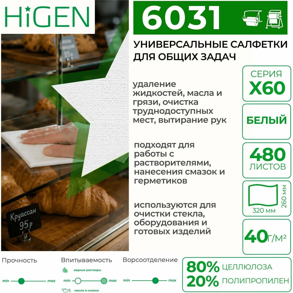 Нетканый протирочный материал Higen Wype x60 white белый, 260x320мм, 480л, рулон 6031 — фото 1