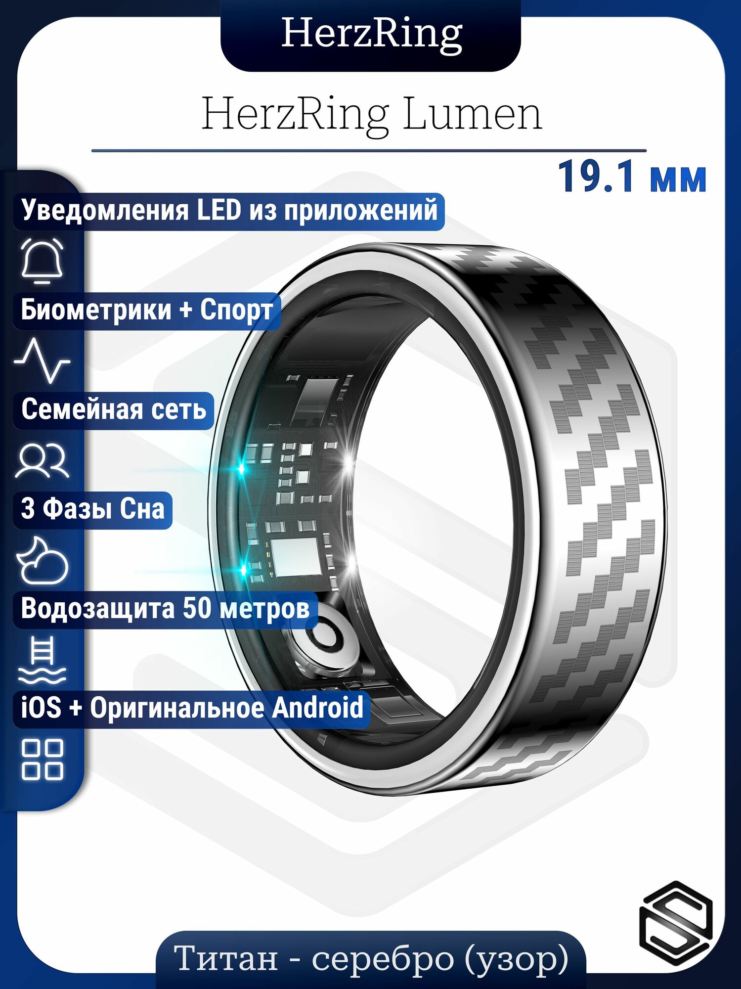 Умное кольцо с Уведомлениями Lumen RW (Цвет серебро титан с узором, внутренний диаметр кольца 19,1 мм)