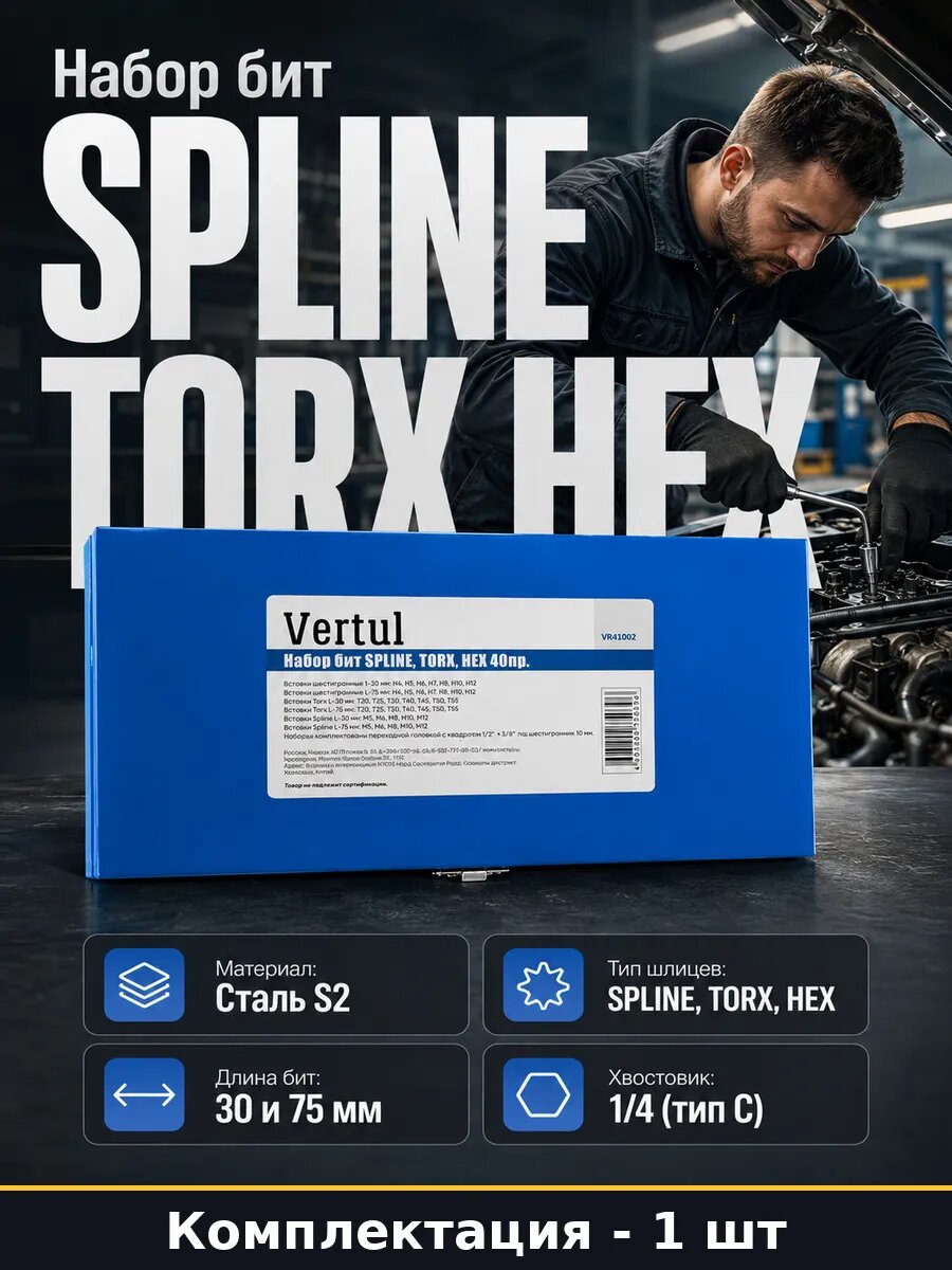 Набор бит для авто SPLINE TORX HEX сталь S2 38 предметов