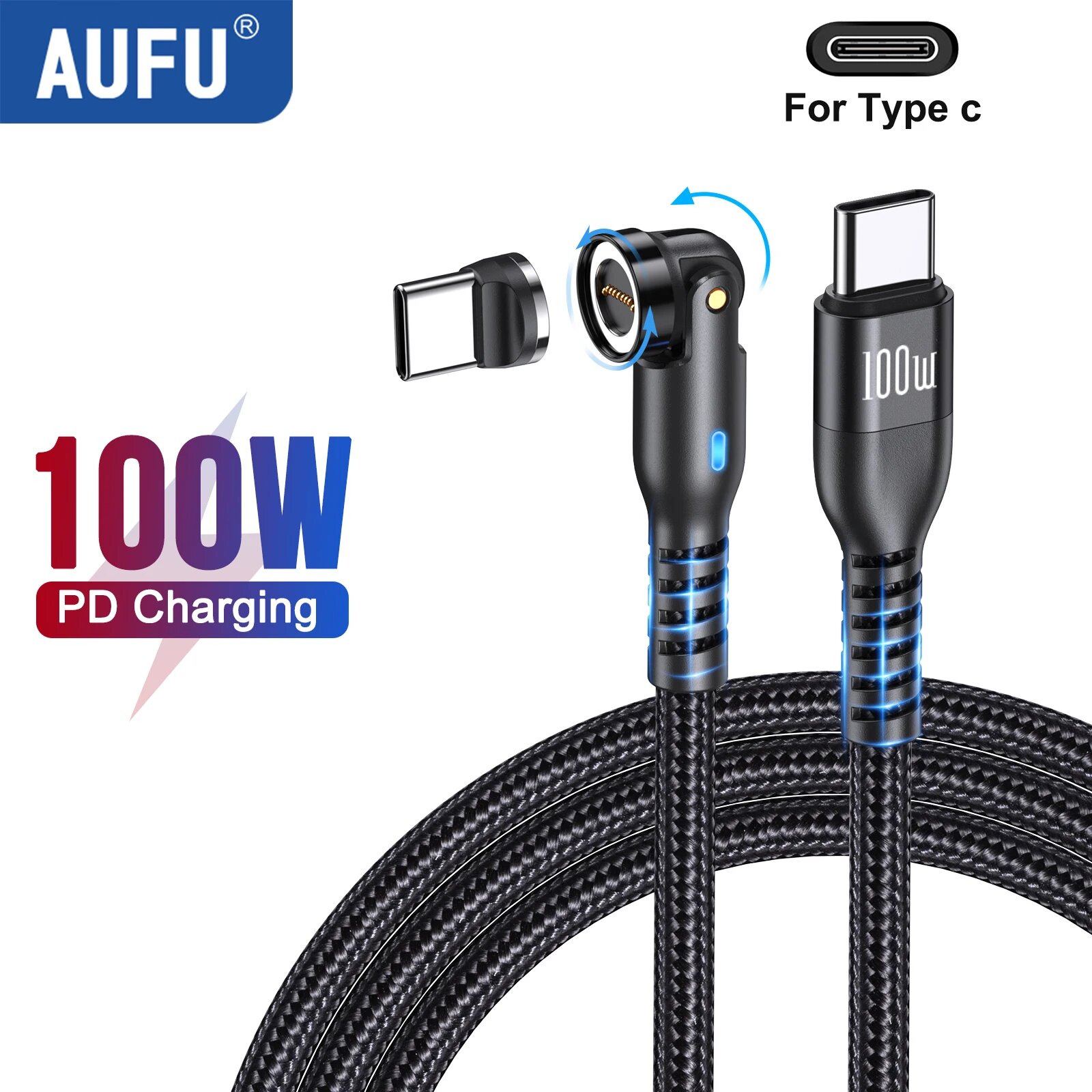 Магнитный кабель AUFU 9PIN 100W Type-C - USB-C, 5A, для быстрой зарядки, 1 м, Black for Type C