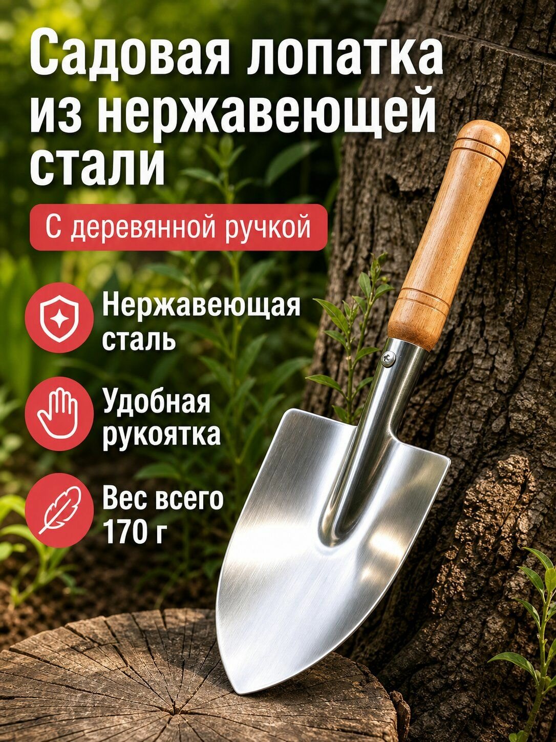 Садовая лопата из нержавеющей стали с деревянной ручкой, универсальная для пересадки и рыхления почвы