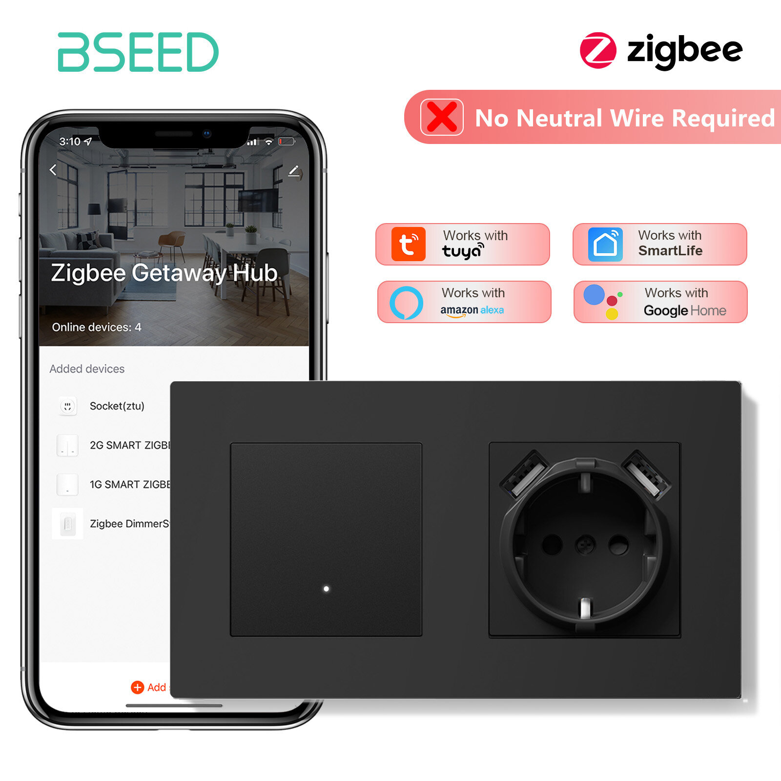 Умный выключатель Без нуля c Алисой, Легко нажать, ZIGBEE, 2 поста (1+1 розетка 2USB), пластиковая рамка, 157mm без нуля алиса zigbee 2usb
