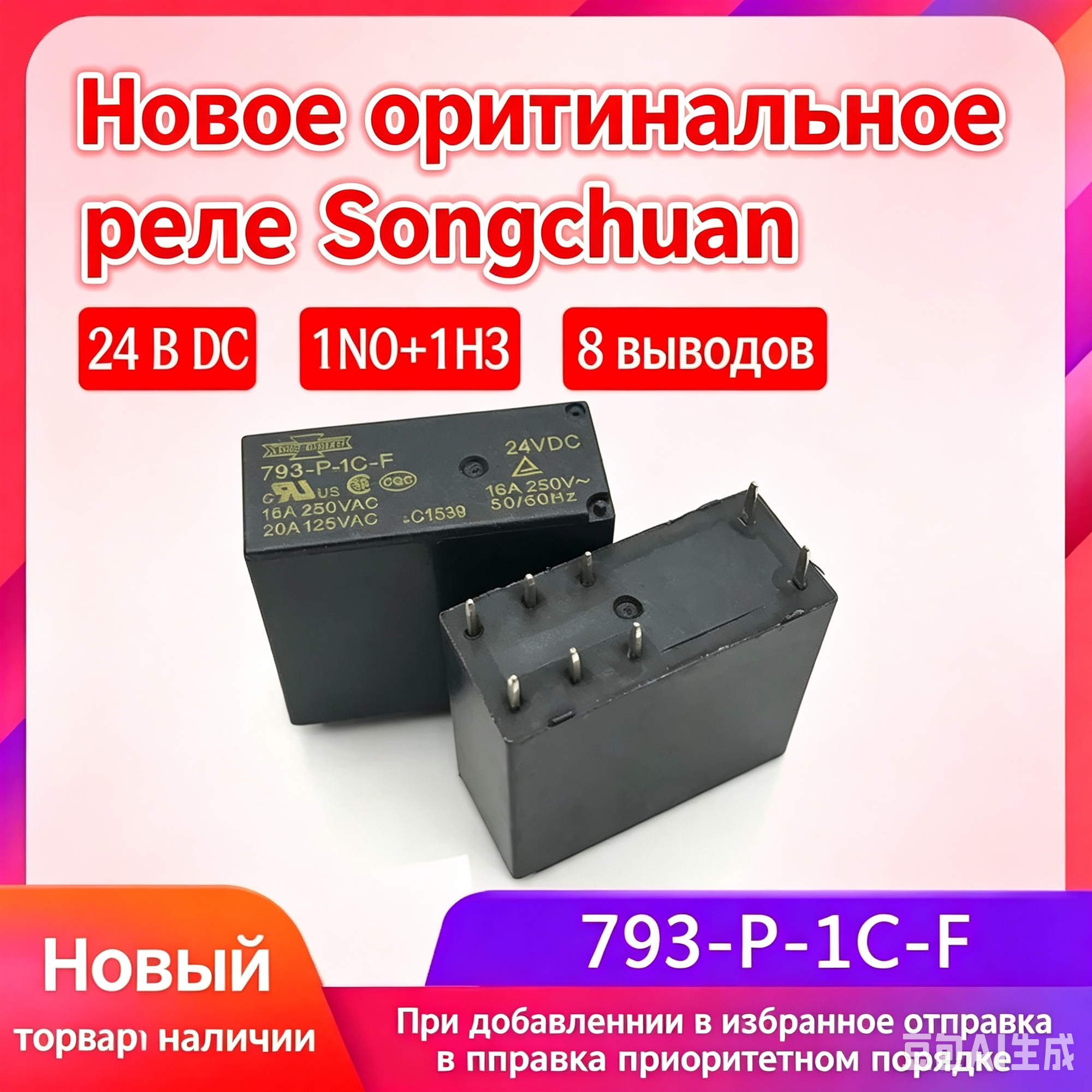 Оригинальное реле Songchuan 1НО+1НЗРеле 793-P-1C 24VDC 8 выводов