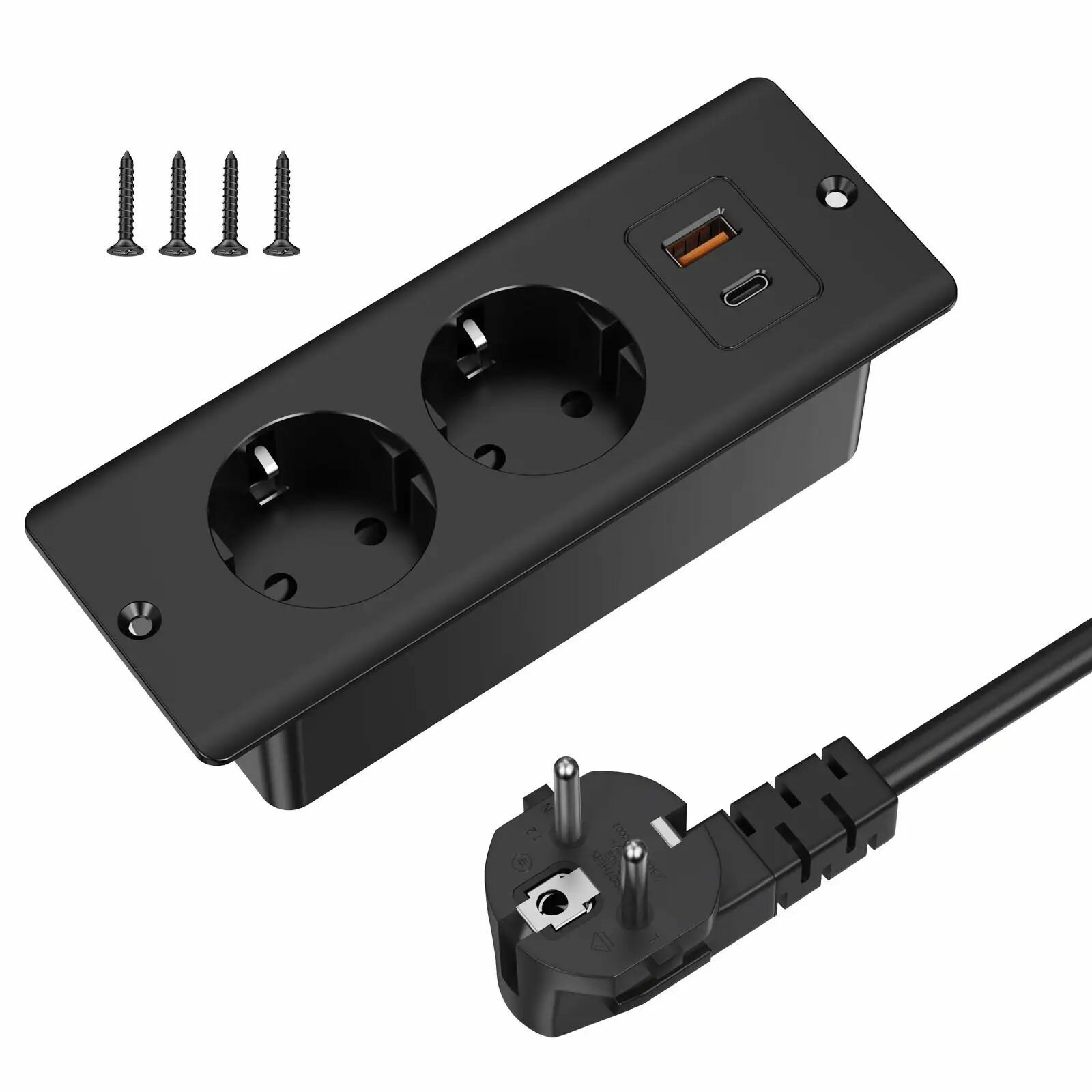 Встраиваемый удлинитель с 2 розетками и 1 USB + 1 Type-C (быстрая зарядка), встроенный монтаж, защита от перегрузки, 4000W 16A 240V, огнестойкий, кабель 2 м