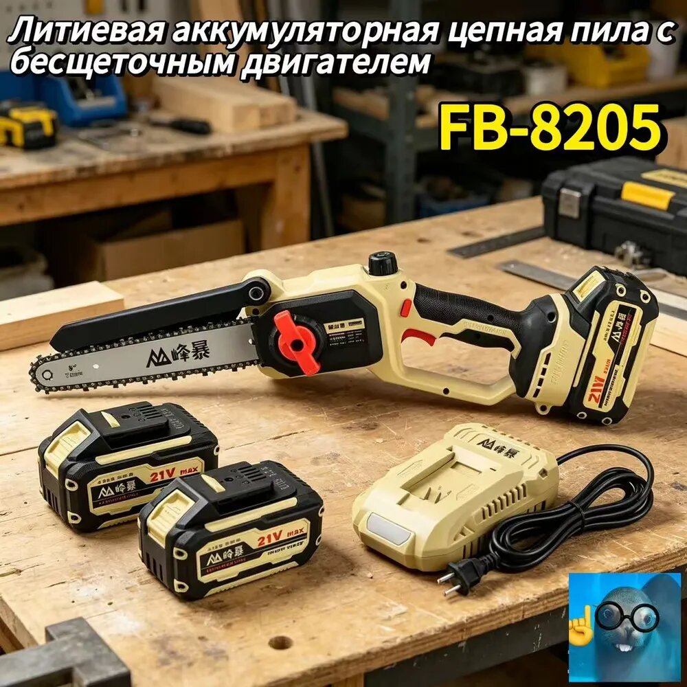 Электрическая цепная пила FENGBAO аккумуляторная 21В, ручная мини пила для дачи, сада, резки деревьев, беспощеточный двигатель, долговечная батарея fb-8205 4.0a*2