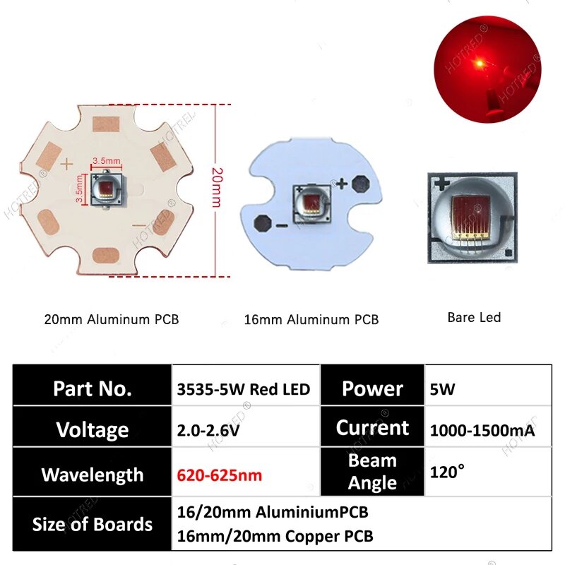 LED лампы для цветения OTCRREE 5W 3535-620nm LED, On 16mm Copper PCB, 1PCS