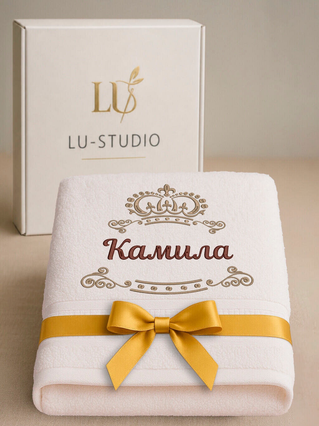 Полотенце Камила 70х140 подарок именная вышивка с короной, LU-Studio, белый, 460 г/м², 100% хлопок