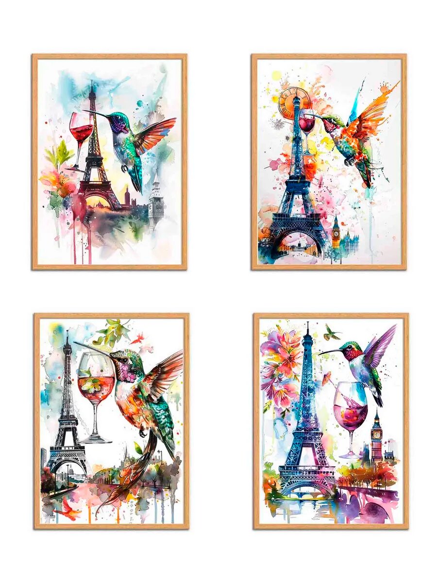 Птица колибри Пьет Вино, 4 Плаката, 30x21см