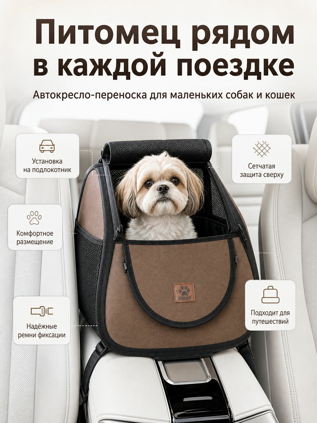 Автокресло для собак и кошек, на подлокотник, с сеткой, 39 24 24 см