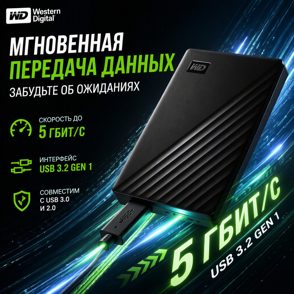 Внешний жесткий диск Western Digital WD My Passport HDD, 6 ТБ, USB 3.2 Gen 1 (WDBR9S0060BBK-WESN) черный