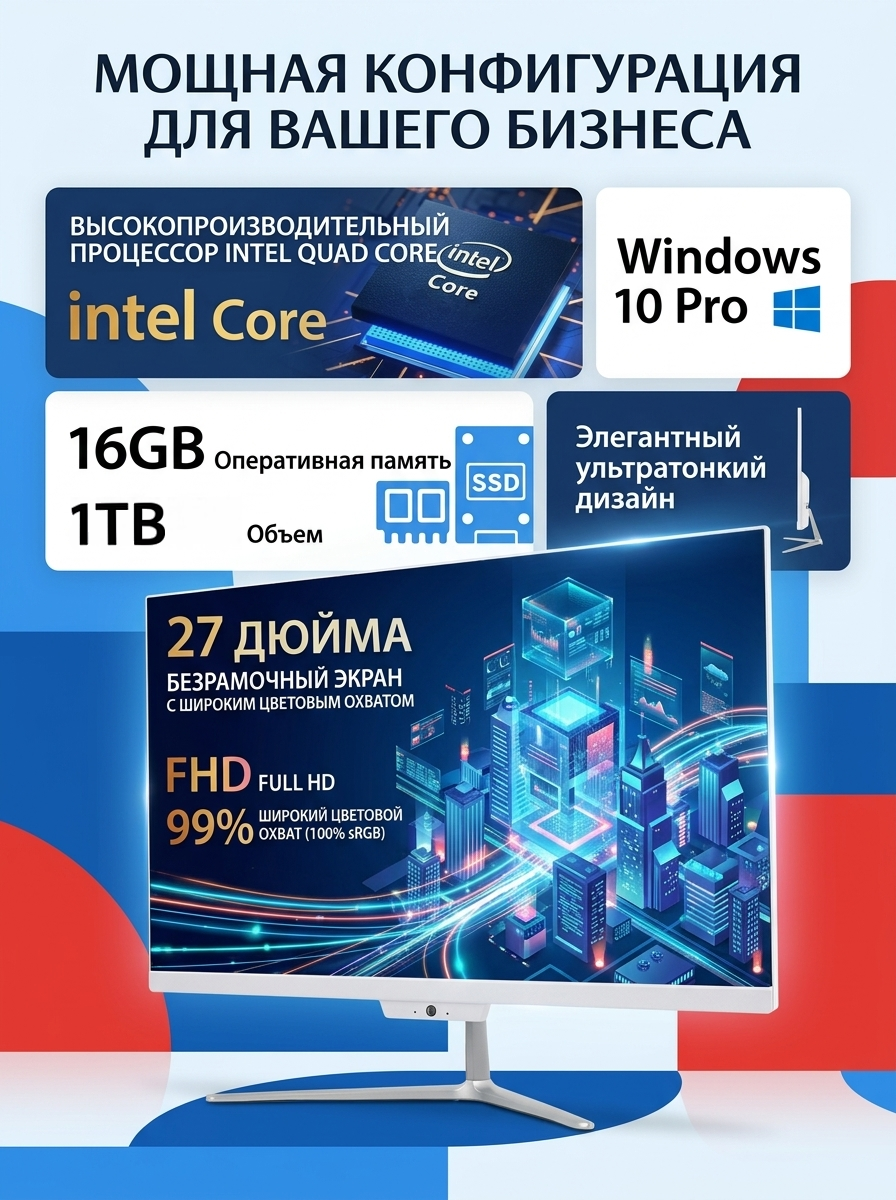 Моноблок 27", Intel Core i7 , Windows 10 pro, SSD 1TB, RAM 16ГБ, Wi-Fi/Bluetooth, белый, Русская раскладка