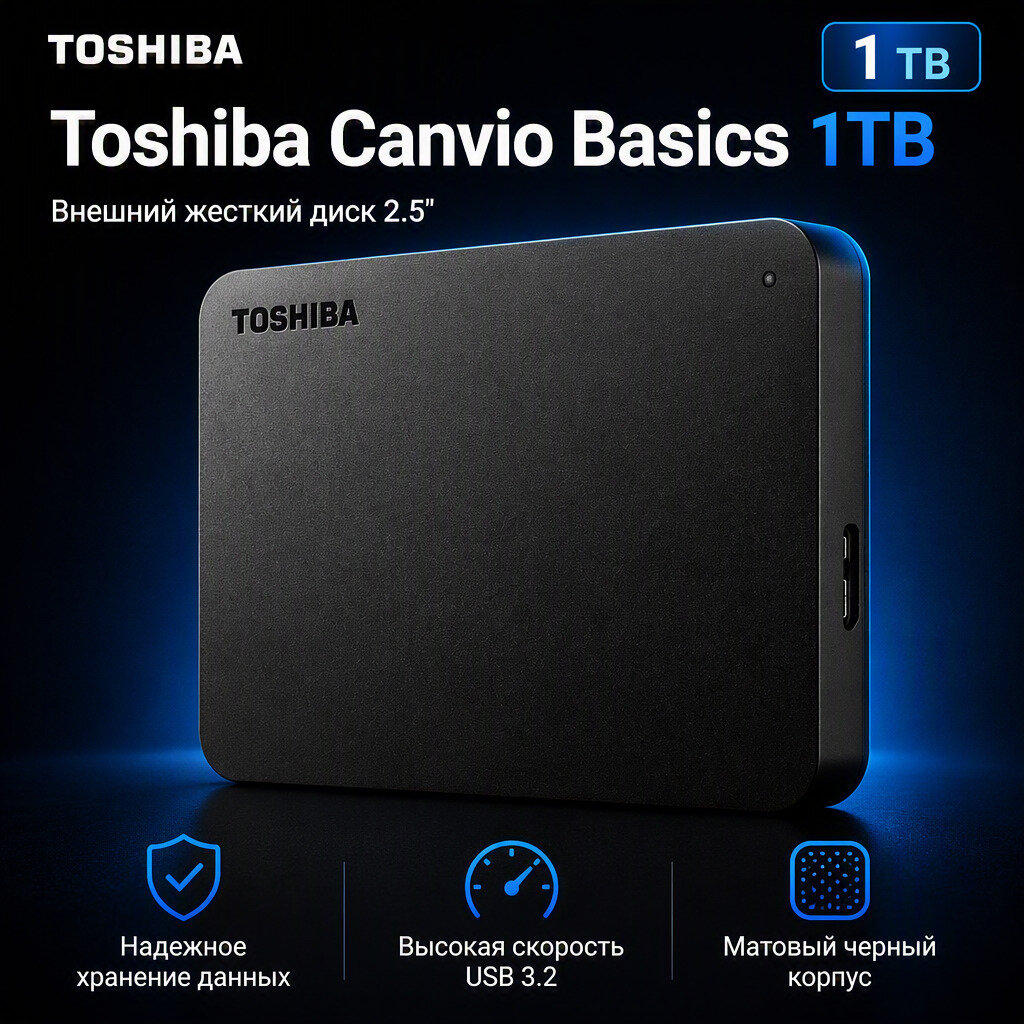 1 ТБ Внешний жесткий диск Toshiba Canvio Basics Портативный накопитель HDD 2.5 (USB 3.0) Черный