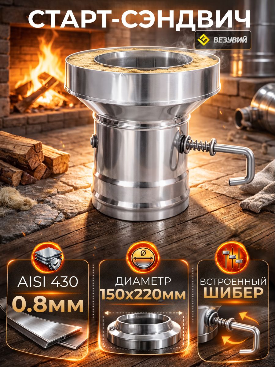 Старт-сэндвич для дымохода c шибером ( 430/0,8мм) диаметр 150х220 (ММ)