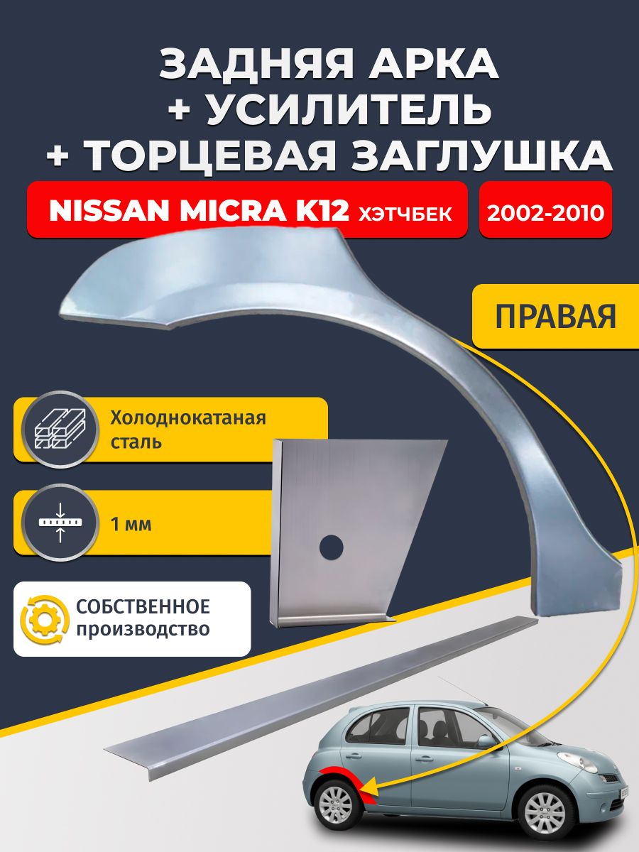 Правая ремонтная задняя арка (0,8 мм) + торцевая заглушка (1 мм) + усилитель (1 мм) на Nissan Micra K12 2002-2010 хэтчбeк 5 дв (Ниссан Микра). Холоднокатаная сталь