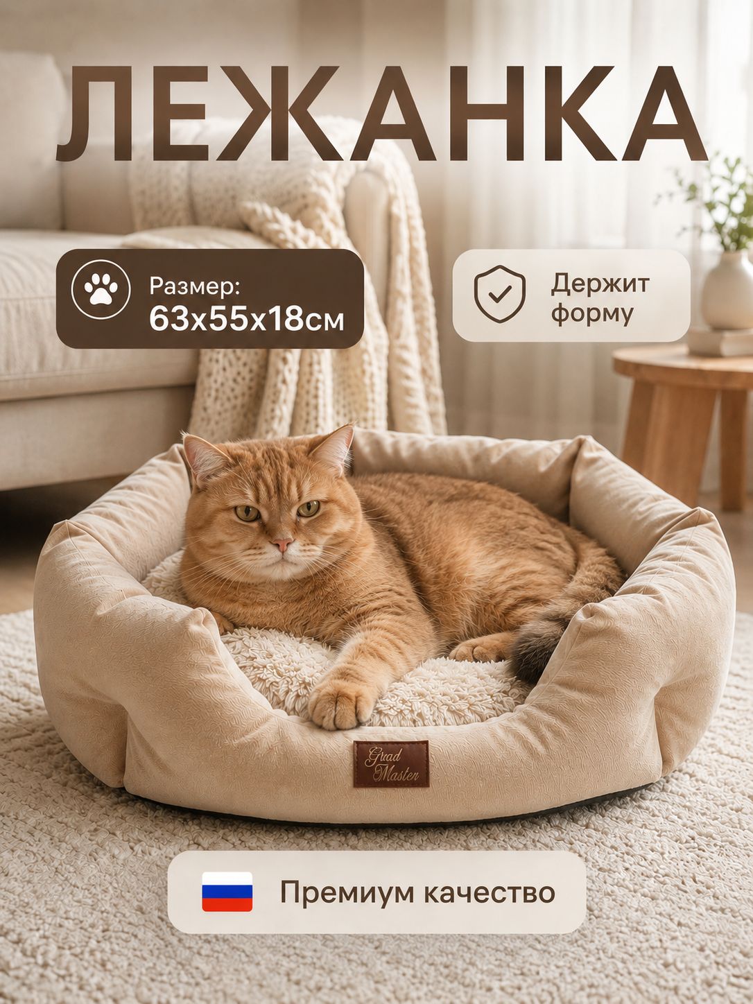 Лежанка для кошек и собак средних и мелких пород 63x55x18 см
