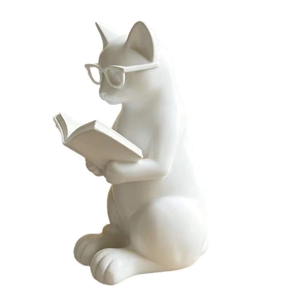 3D-печатная керамическая фигурка кота, читающего книгу Белый, Белый, White