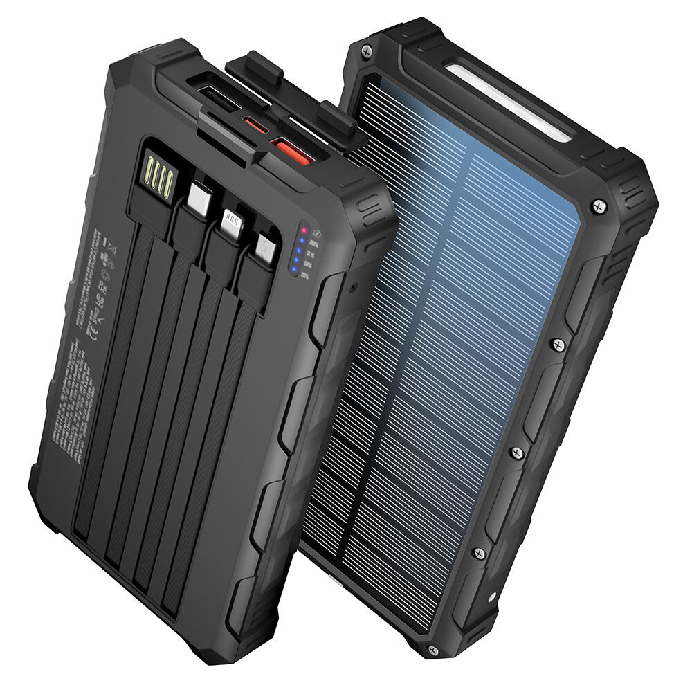 Солнечный Power Bank 20000 мАч с 4 встроенными кабелями быстрой зарядки, UL FCC CE, портативный аккумулятор -