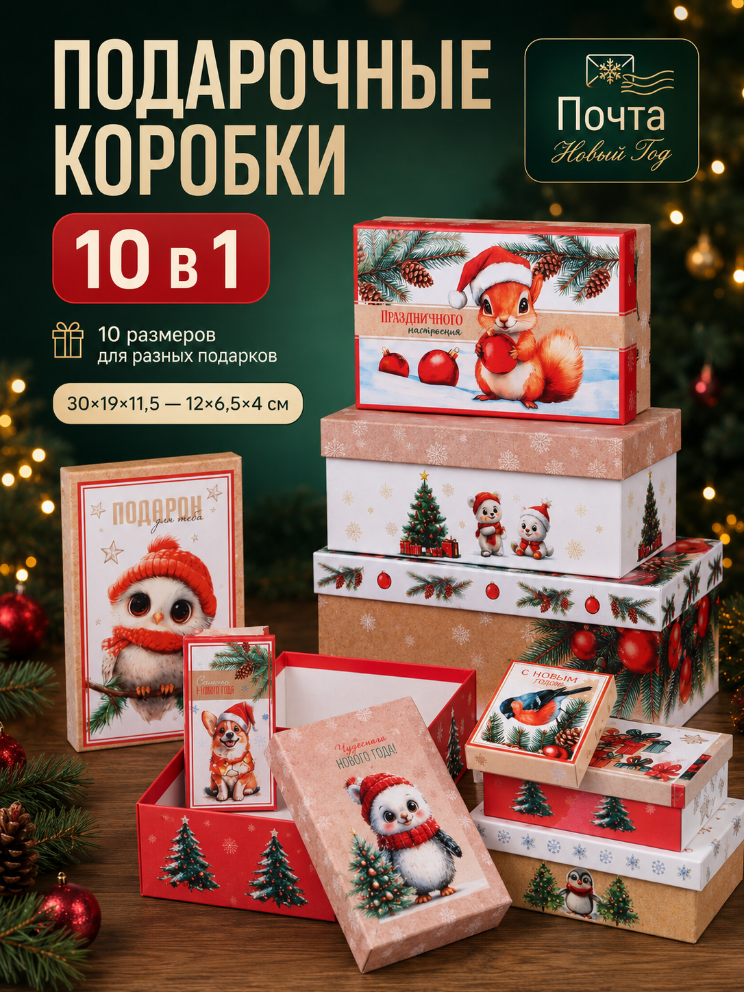 Коробки подарочные «Почта Новый Год», 10 в 1, 30×19×11.5 - 12×6.5×4 см