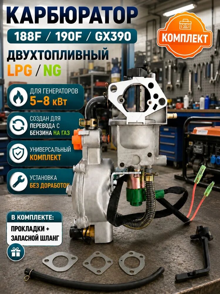 Карбюратор двухтопливный 188F / 190F / GX390 для генератора 5 8 кВт, LPG / NG, для перевода бензогенератора на газ