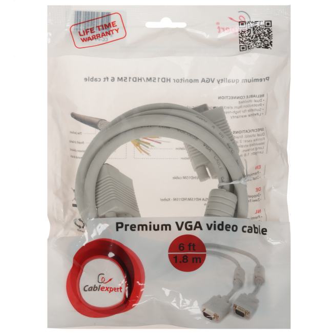 CC-PPVGA-6 Кабель VGA Premium Cablexpert CC-PPVGA-6, 15M/15M, 1.8м, двойной экран, феррит. кольца, пакет — фото 1
