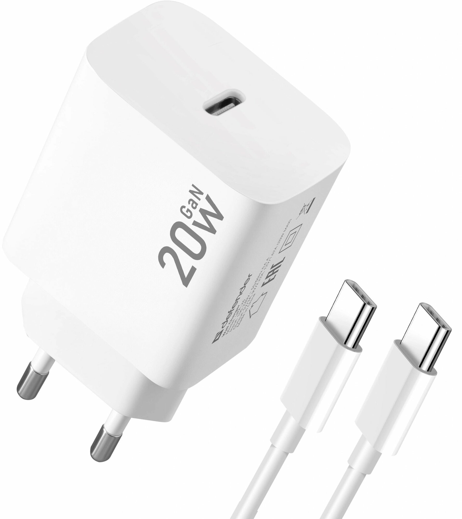 DEFENDER Сетевое зарядное устройство UPA-27 20W, USB C, кабель C-C, белый